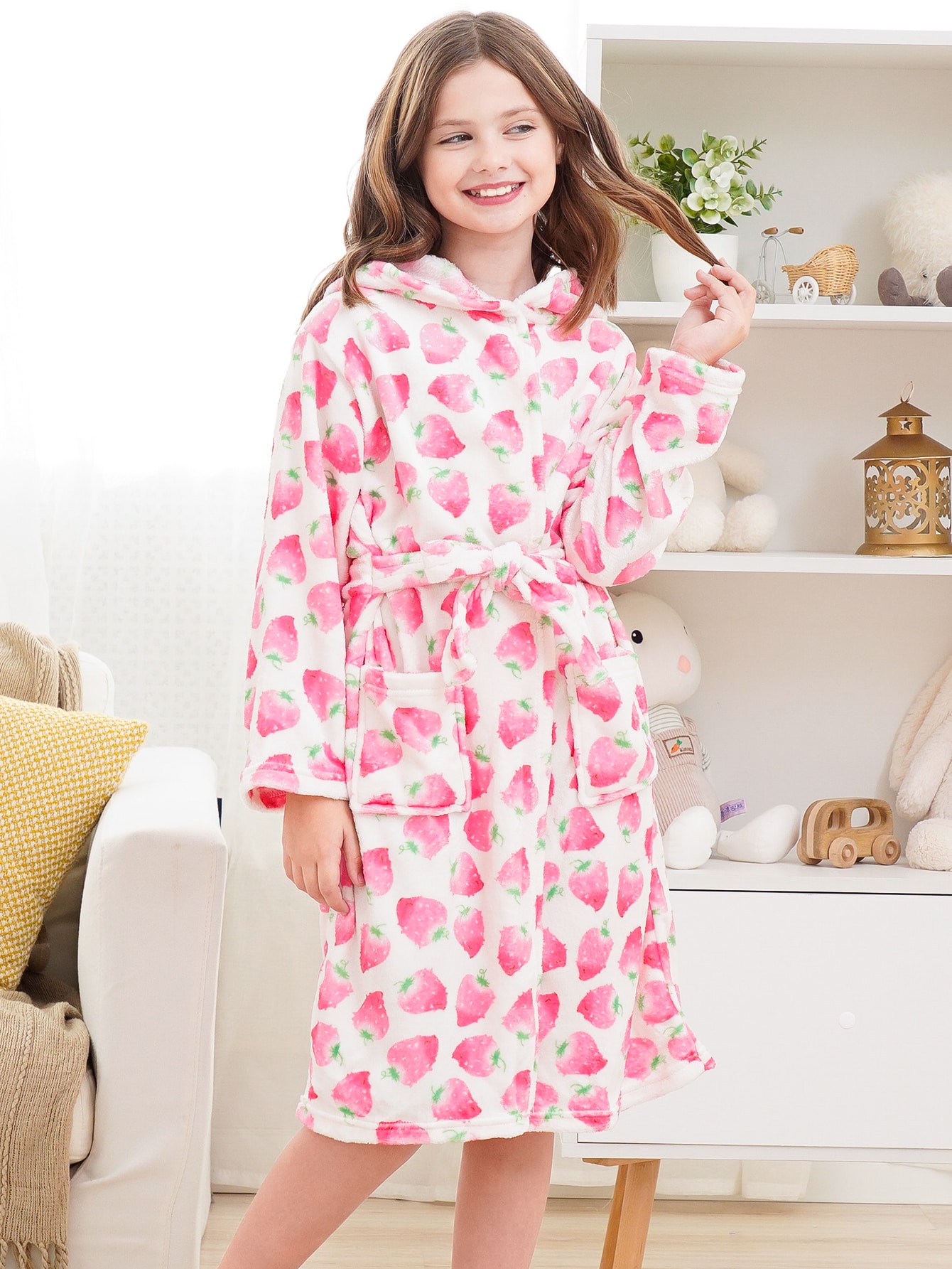 Tween Girl Strawberry Print Hooded Belted Flannel Robe | SHEIN UK