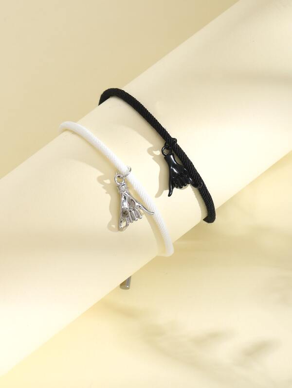 2pcs/set Couple Hand In Hand Pendant Adjustable Friendship Bracelet Set ...