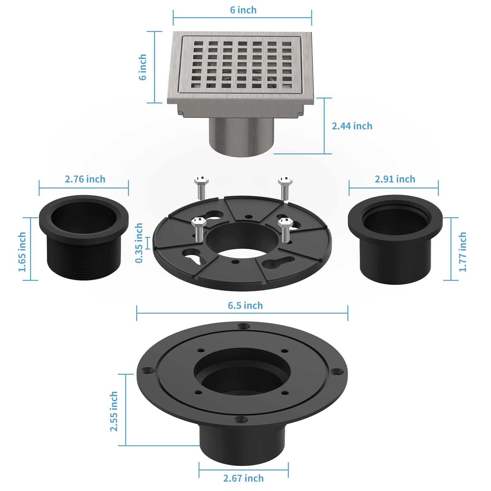 4 Inch Square Shower Floor Drain - Brushed Nickel High Flow Drain Kit with Flange, Removable ...