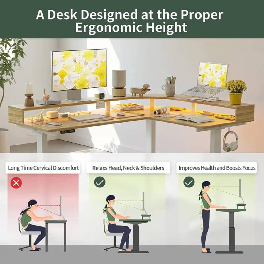 FEZIBO 63 inches Triple Motor L Shaped Stadning Desk with LED Strip and ...