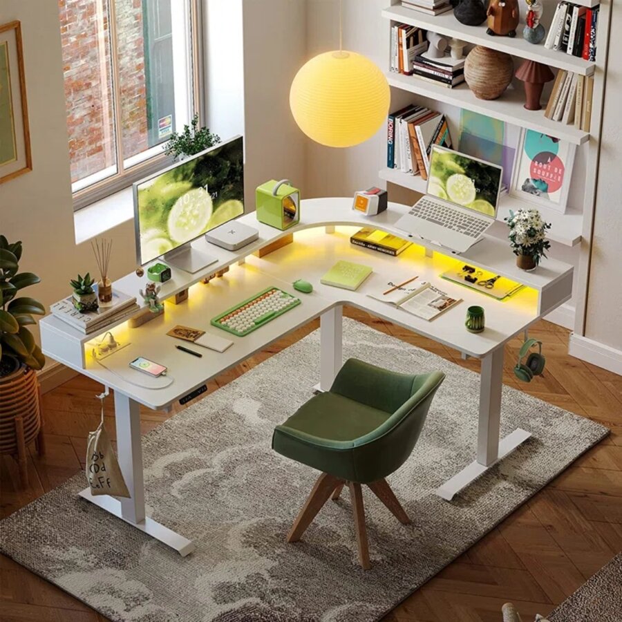 63 Inches Triple Motor L Shaped Stadning Desk With LED Strip And Power ...