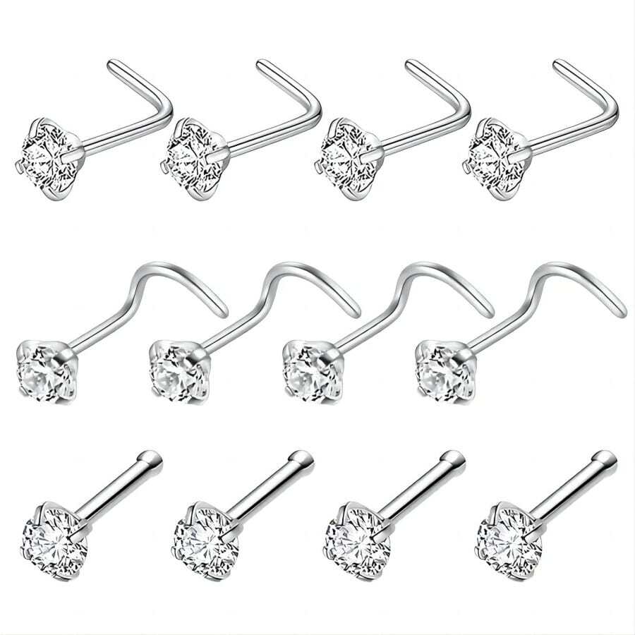 12pcs White Straight Nose Studs, Curved Nose Studs, S Shaped Nose Rings ...
