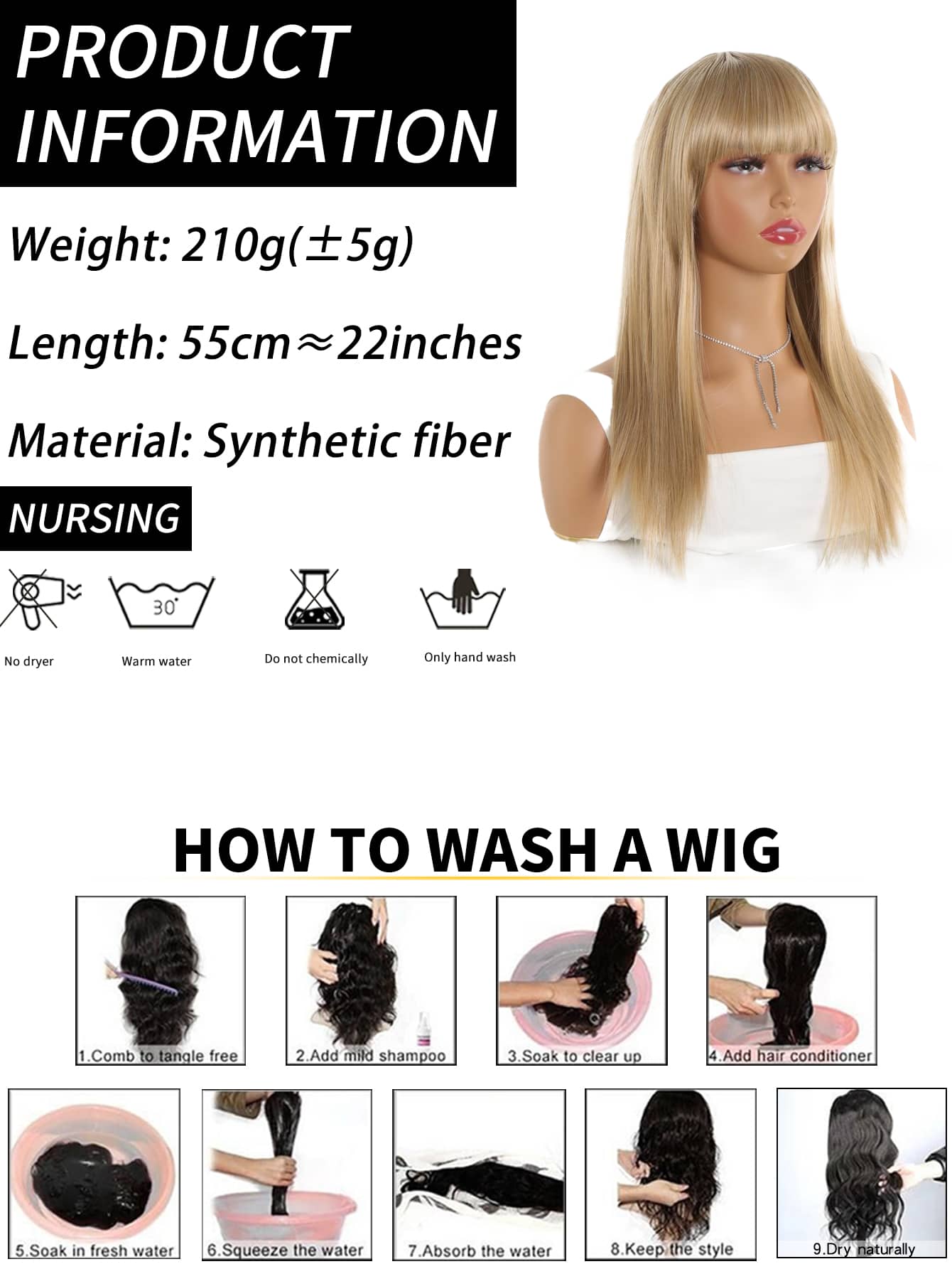 Wig head set ladies bangs long straight hair wig head set | SHEIN USA