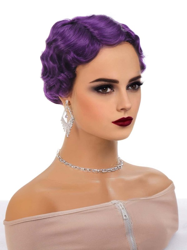 Short finger wavy curly wig short water wave pattern wig purple | SHEIN USA