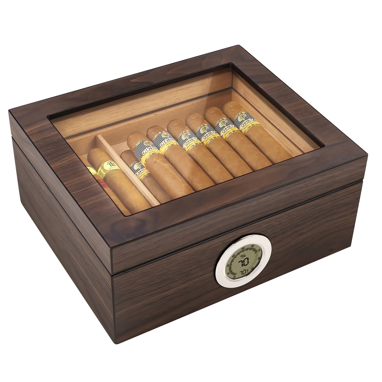 Glass Top Cedar Humidor Cigar Box with Digital Hygrometer, Humidifier ...