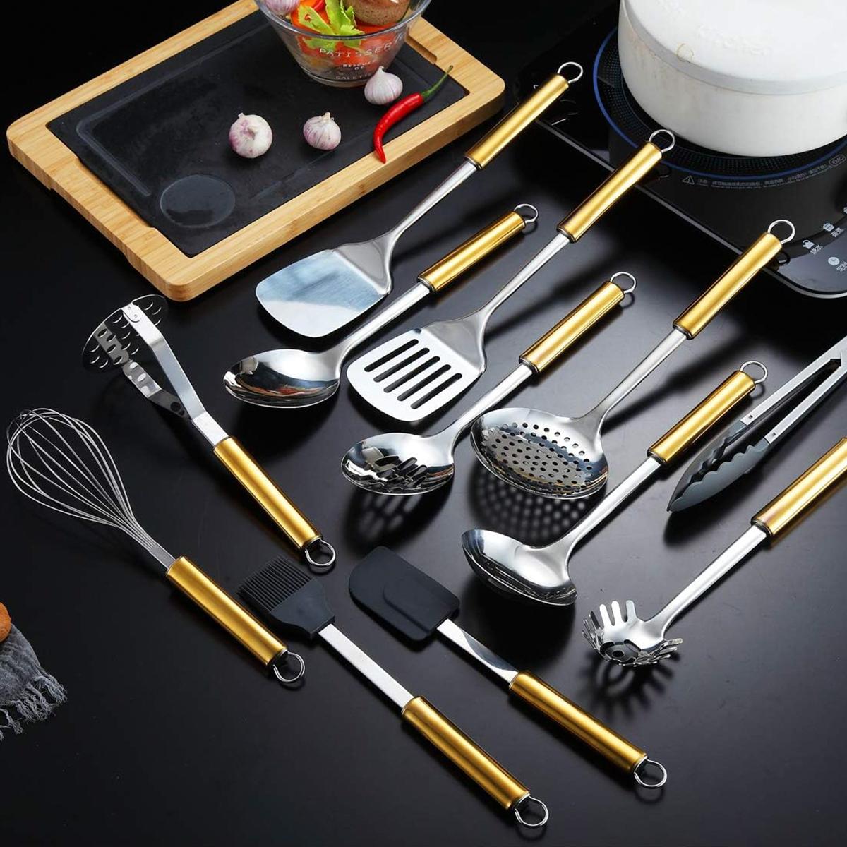 Cooking Utensil Set 12 Piece, Stainless Steel Gold Handle Kitchen ...