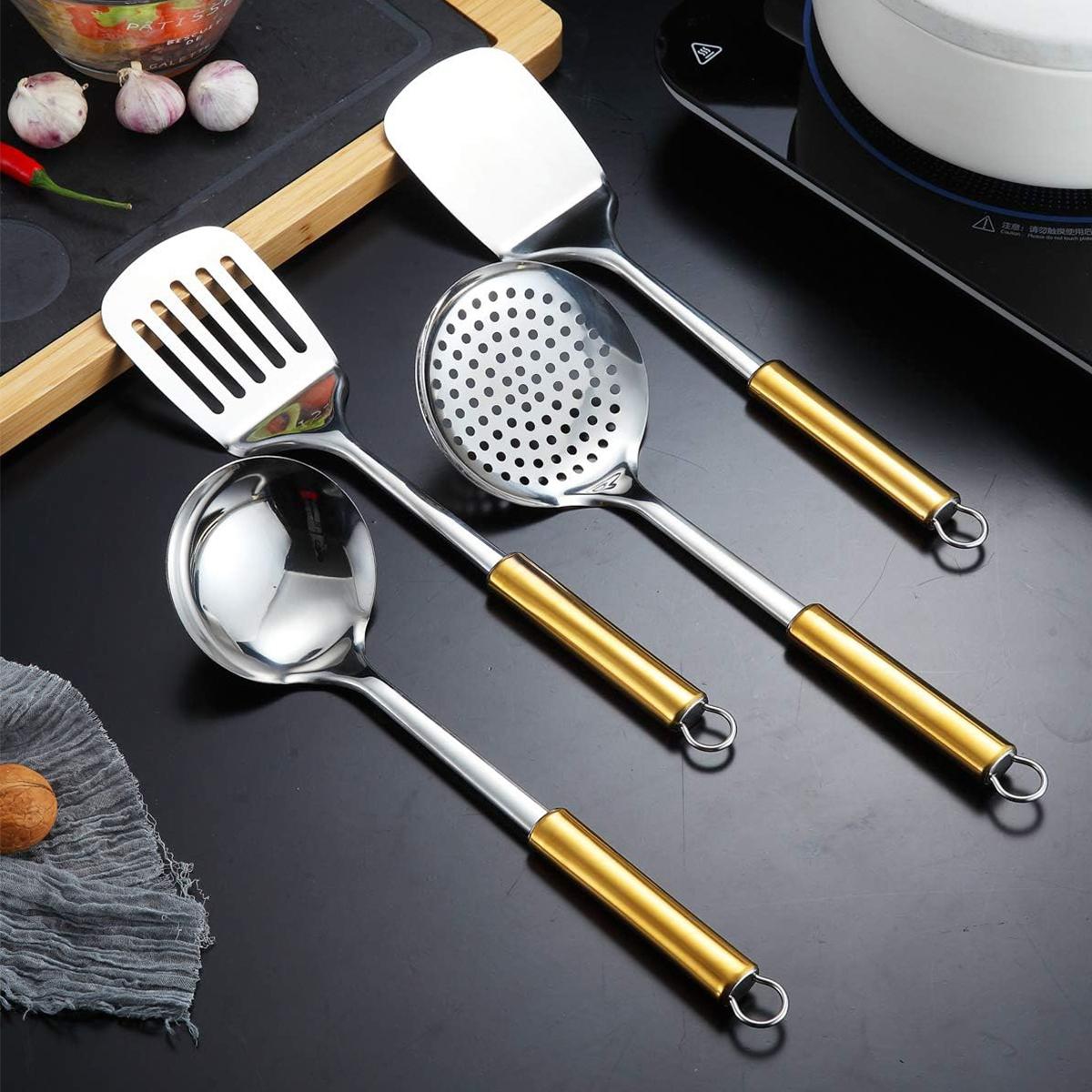 Cooking Utensil Set 12 Piece, Stainless Steel Gold Handle Kitchen ...