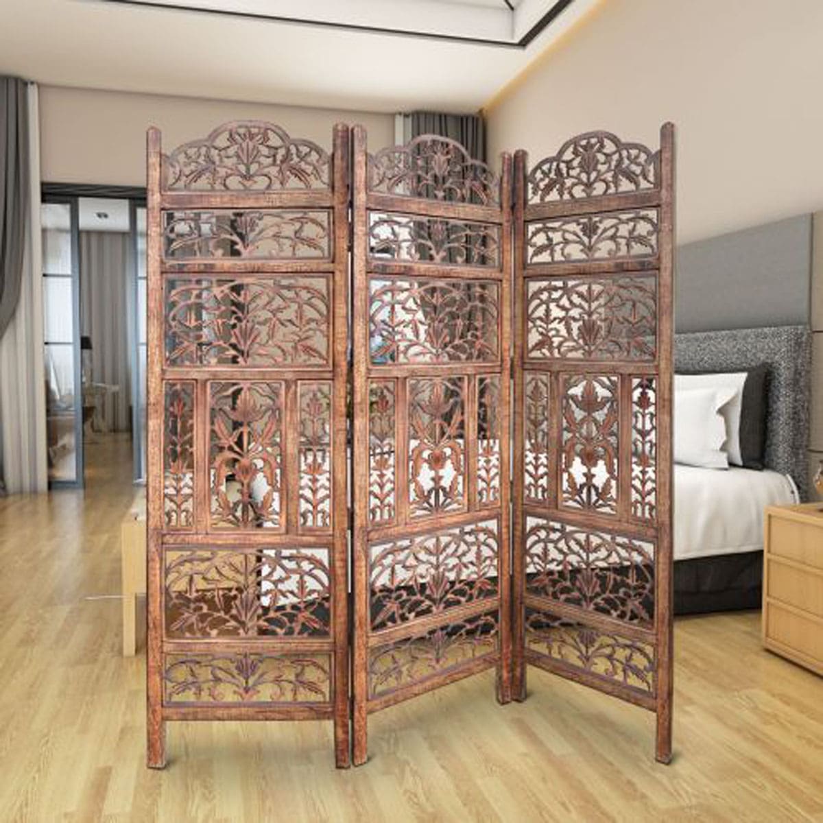 Exquisite Handmade 3 Panel Wooden Screen with Cutout Filigree Carvings ...