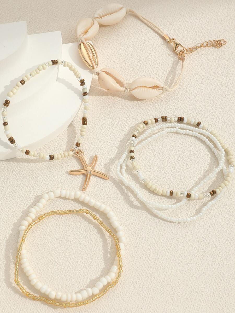 7pcs Bohemian Style Beaded Bracelets With Shell, Beads & Starfish ...