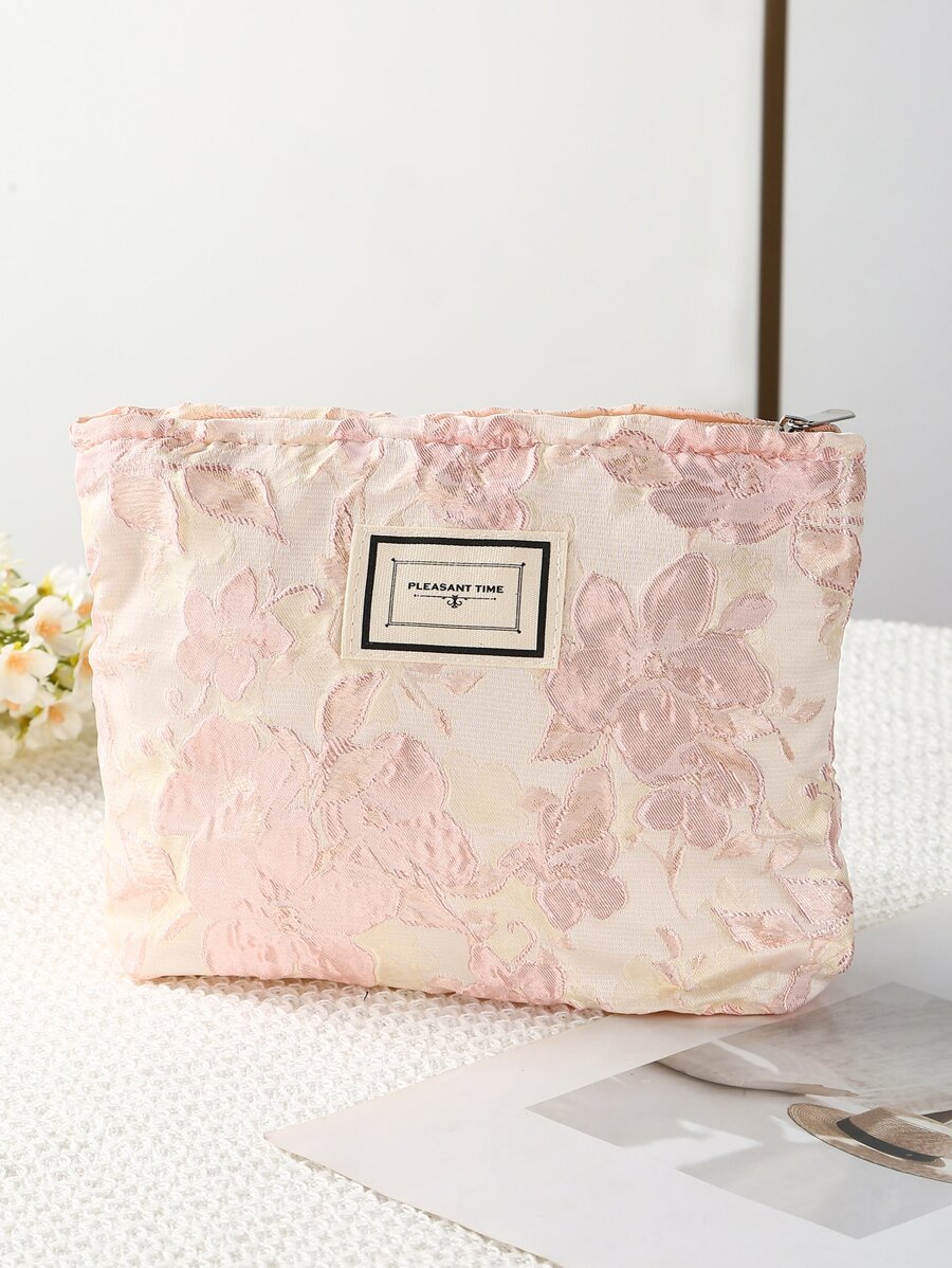 Jacquard Pink Flower Cosmetic Bag Canvas Pouch Women Portable Clutch ...