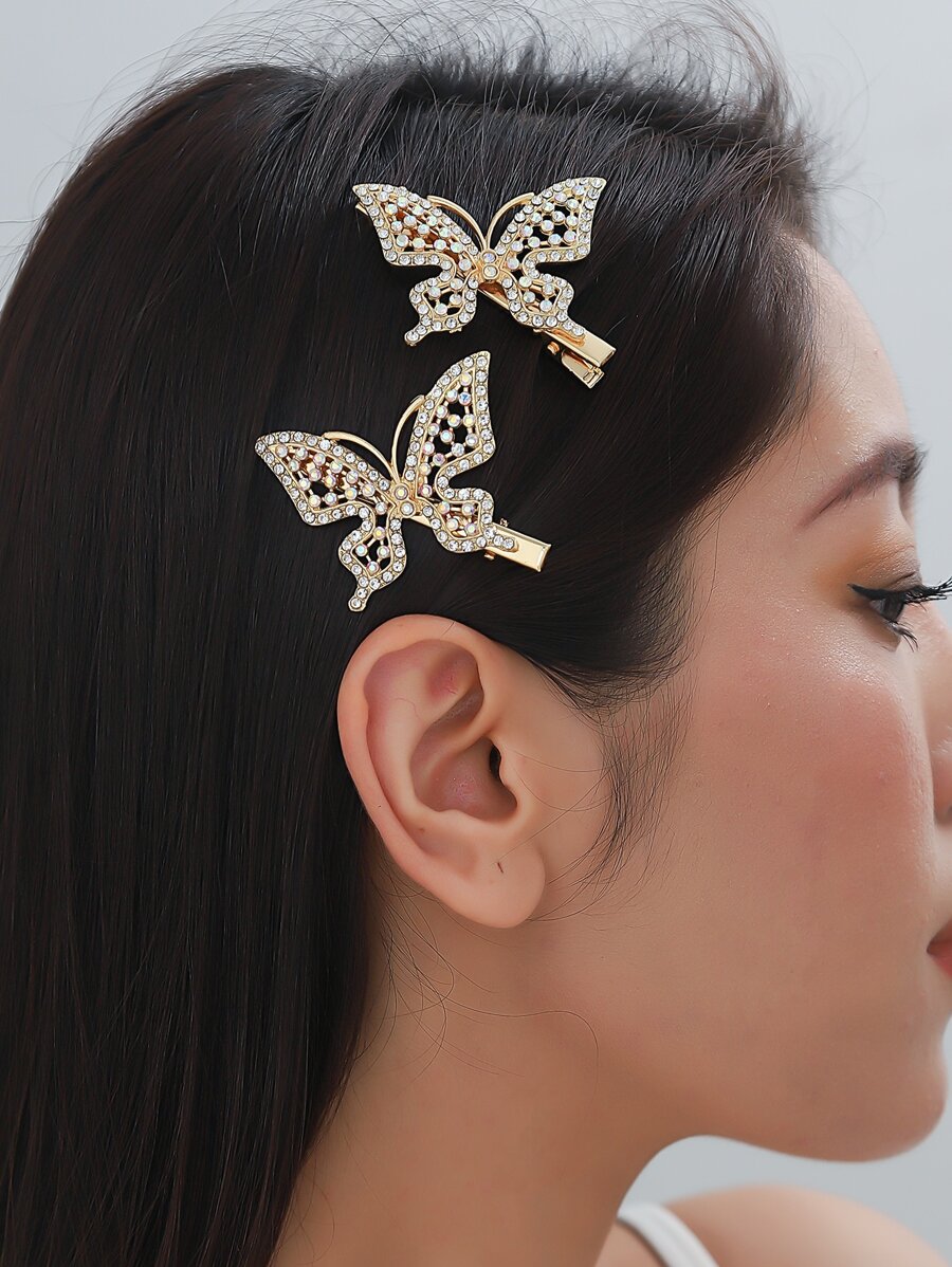 1pair Fashionable Butterfly Shaped Hair Clip With Rhinestone Details ...