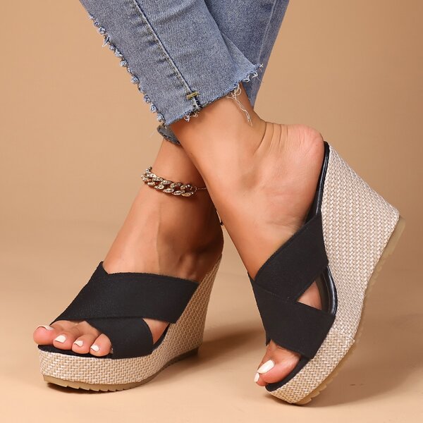 Women's Cross Strap Wedge Wedge Slide Sandals, Open Toe Slip On Slides ...