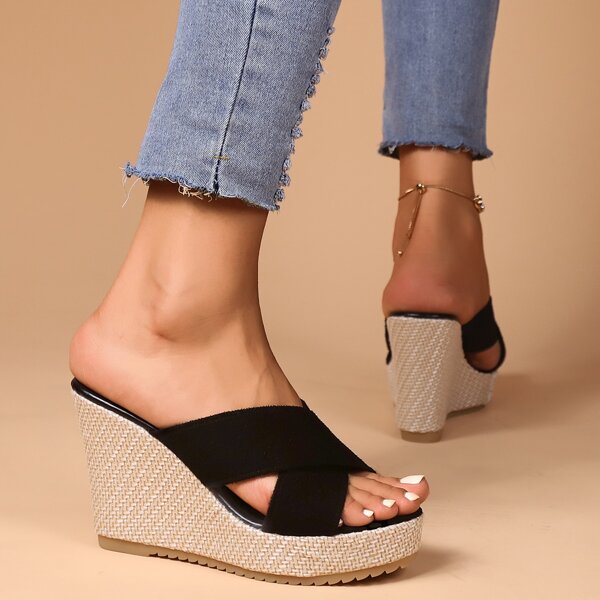 Women's Cross Strap Wedge Wedge Slide Sandals, Open Toe Slip On Slides ...