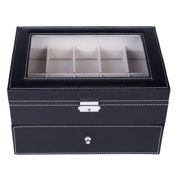 20 Compartments Dual Layers Elegant Wooden Watch Collection Box Black ...
