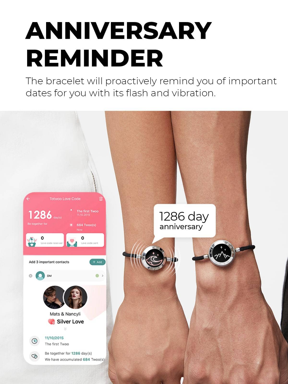 totwoo Long Distance Touch Bracelet for Couples, Vibration & Light up for Love Couples Bracelet ...