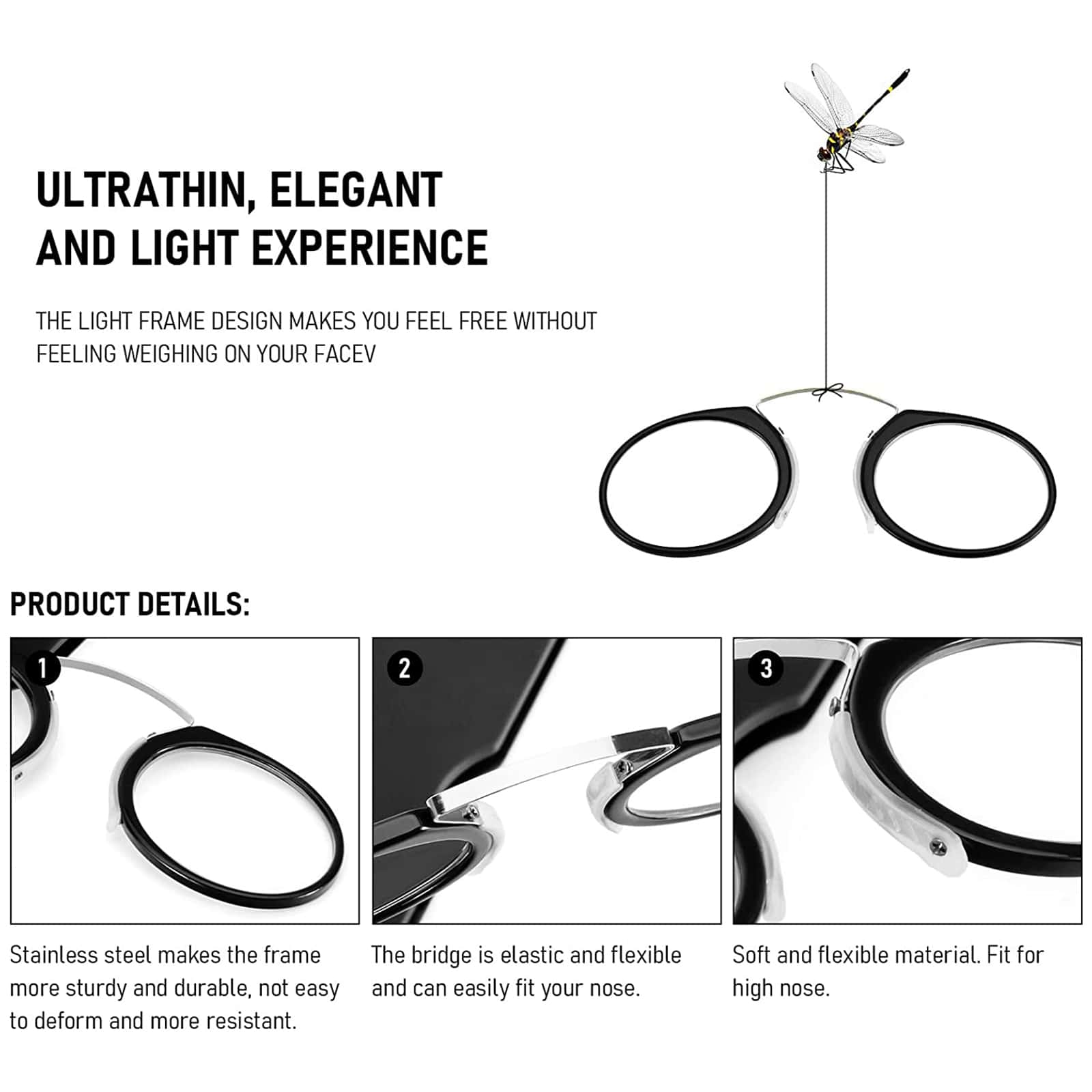 2 Pairs Armless Reading Glasses Clip on Nose Mini Thin Compact Readers ...