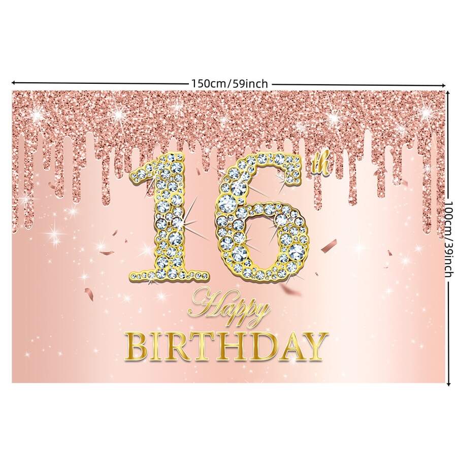 Pink Rose Gold 16th Birthday Banner Backdrop Happy 16 Birthday Banner ...