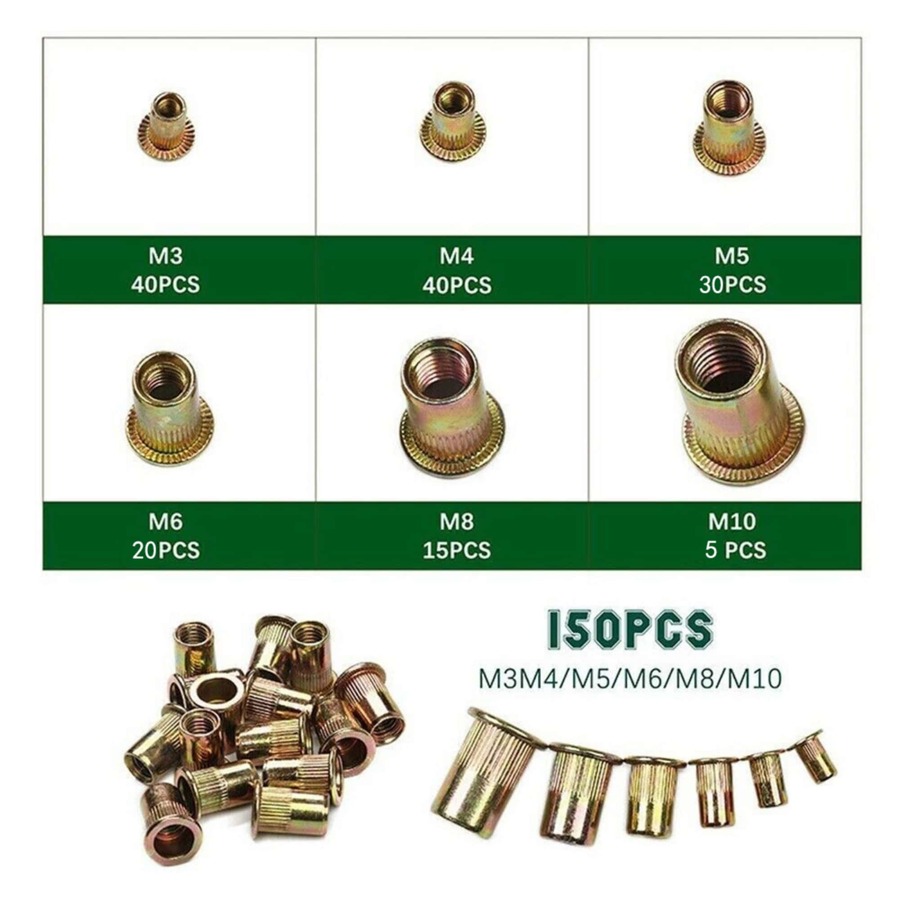 150Pcs Rivet Nut Kit 1/4-20 10-32 10-24 8-32 6-32 SAE Rivnut Nutsert ...
