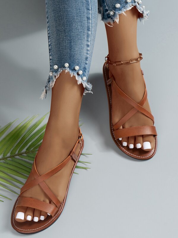 Women's Elegant Flat Sandals With Cross Strap Design, Brown Color ...