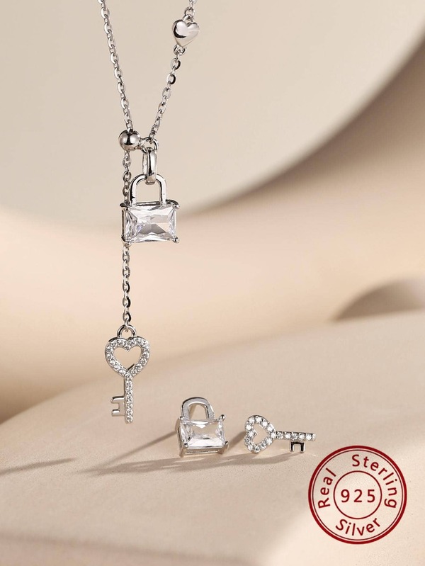 Square Cubic Zirconia Key & Lock Necklace And Earrings Set | SHEIN USA