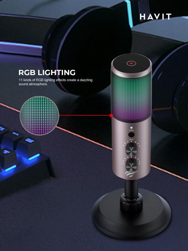 Havit GK61 Computer Live Streaming Recording Mic RGB Gaming Professional Condenser Microphone ...