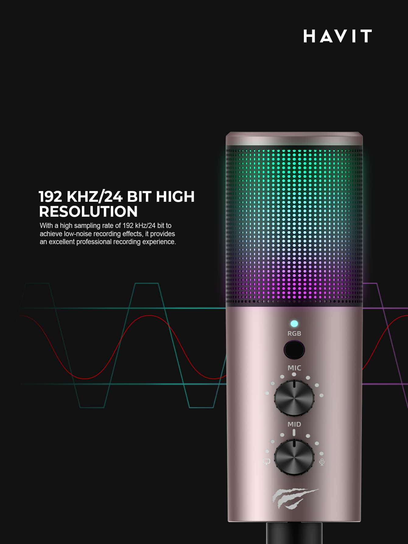 havit Havit GK61 Computer Live Streaming Recording Mic RGB Gaming Professional Condenser ...