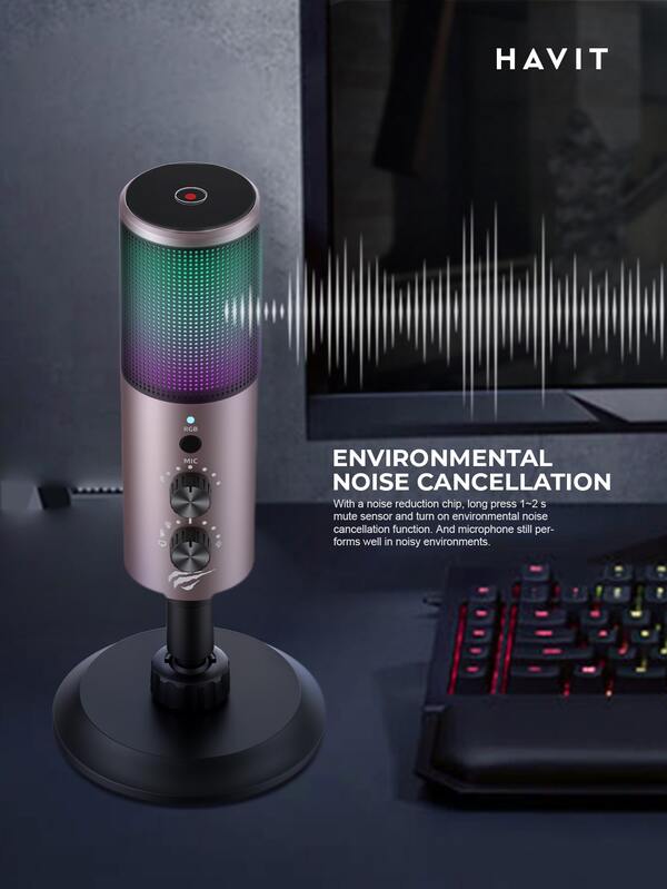 Havit GK61 Computer Live Streaming Recording Mic RGB Gaming Professional Condenser Microphone ...