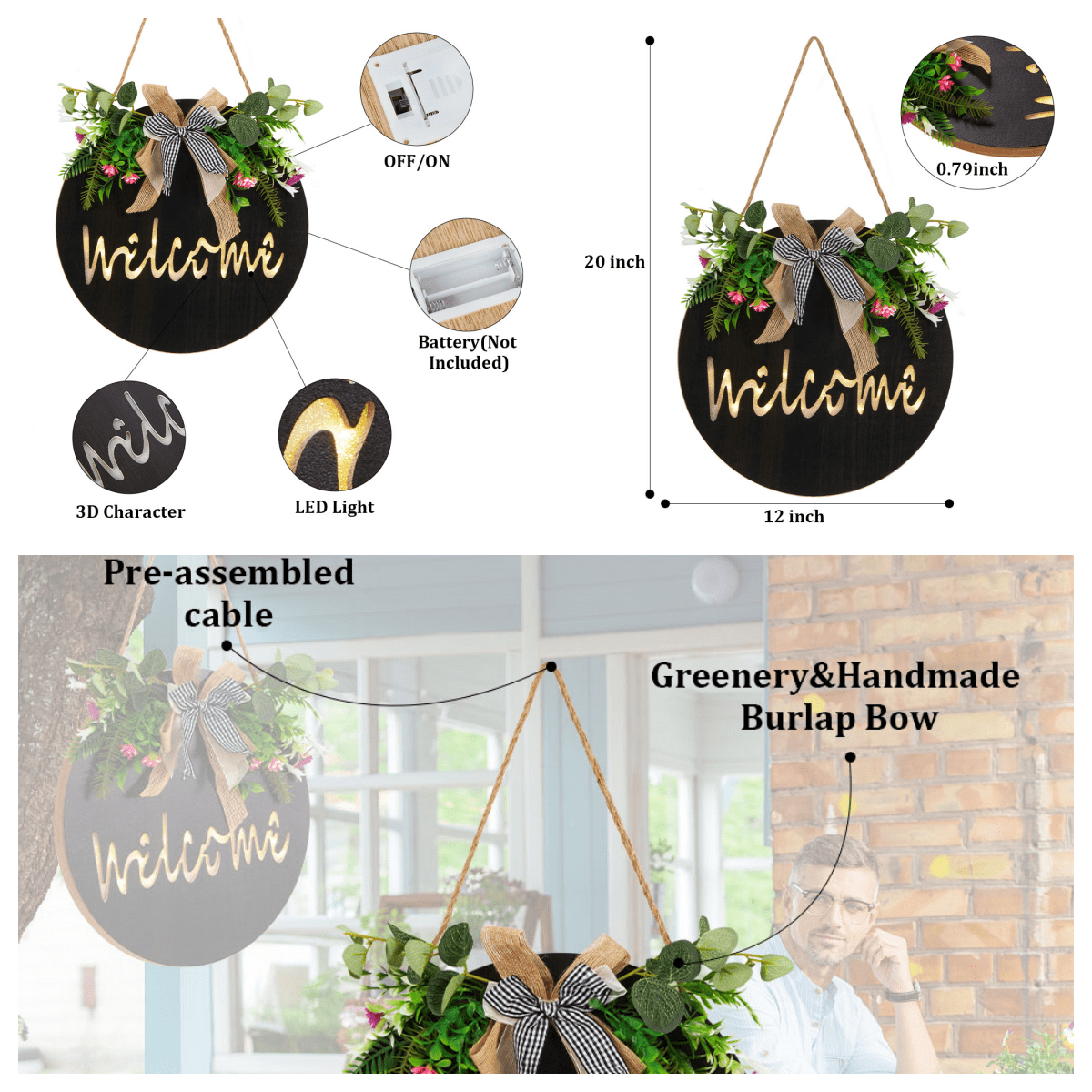 Welcome Sign Home Decor Front Door LED Warm Light Outdoor Welcome Sign ...
