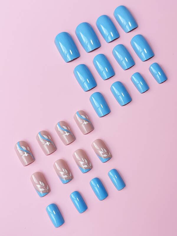 Get Elegant With 24pcs Short Square Leaf Pattern Full Cover Fake Nail ...