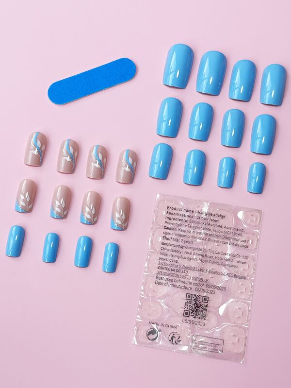 Get Elegant With 24pcs Short Square Leaf Pattern Full Cover Fake Nail ...