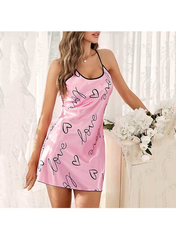 Heart Print Contrast Binding Satin Cami Nightdress Shein Usa