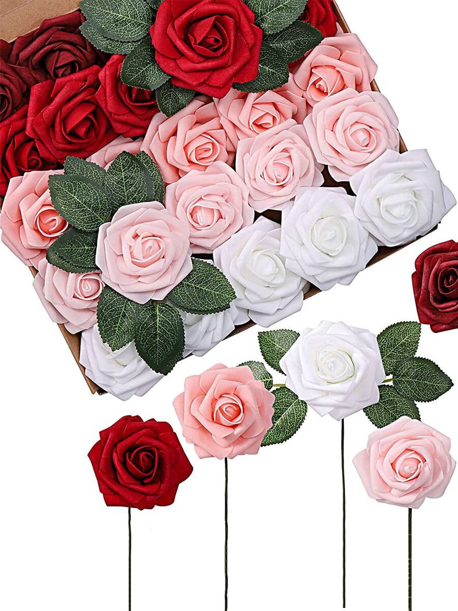 25Pcs Artificial Flowers Real Looking Foam Fake Roses with Stems for ...