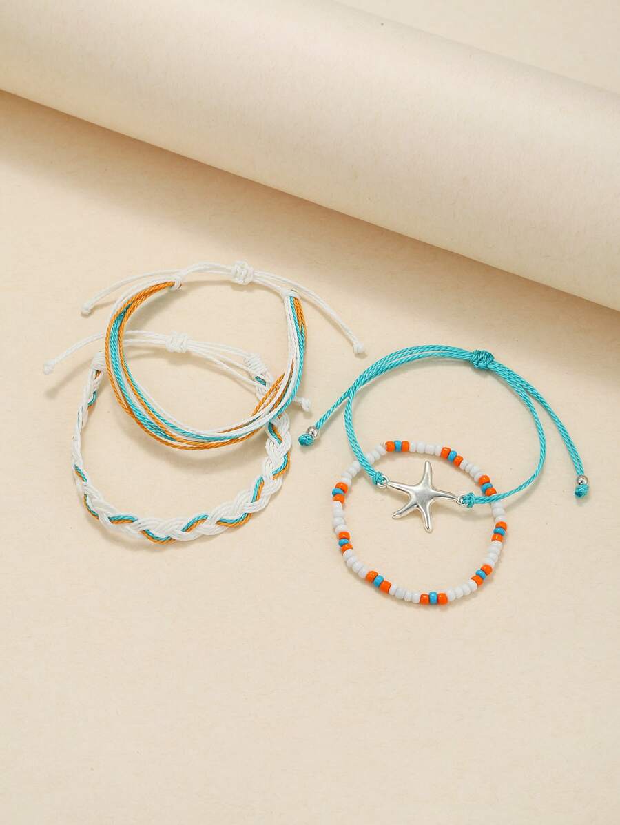 4pcs Alloy Starfish Braided Rope Bracelet, Bohemian Summer Beach Wave ...