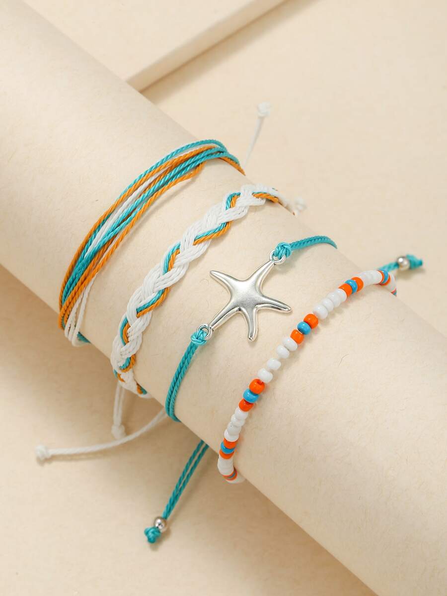 4pcs Alloy Starfish Braided Rope Bracelet, Bohemian Summer Beach Wave ...
