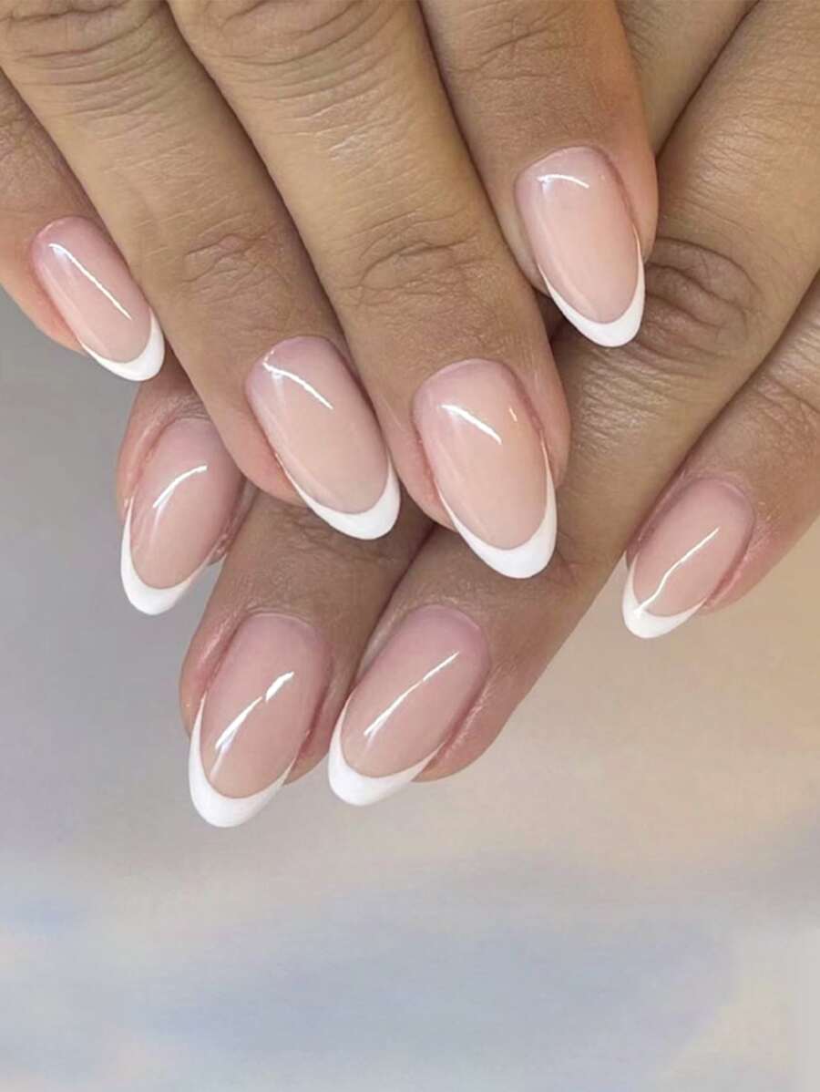 24pcs Short Round Fake Nails Set, Simple White French Style With Border ...