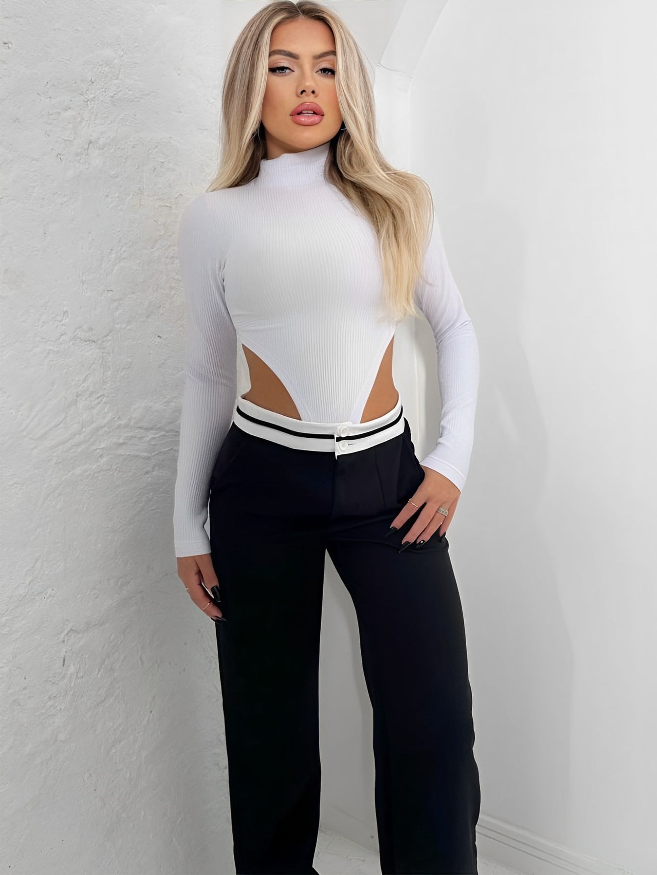 Body Collant Feminino Cavado Gola Alta Manga Longa Tendência Moda ...