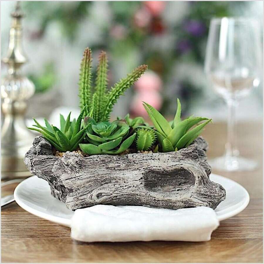 6-Inch tall Brown Driftwood Planter Pot Green Artificial SucculENTt ...
