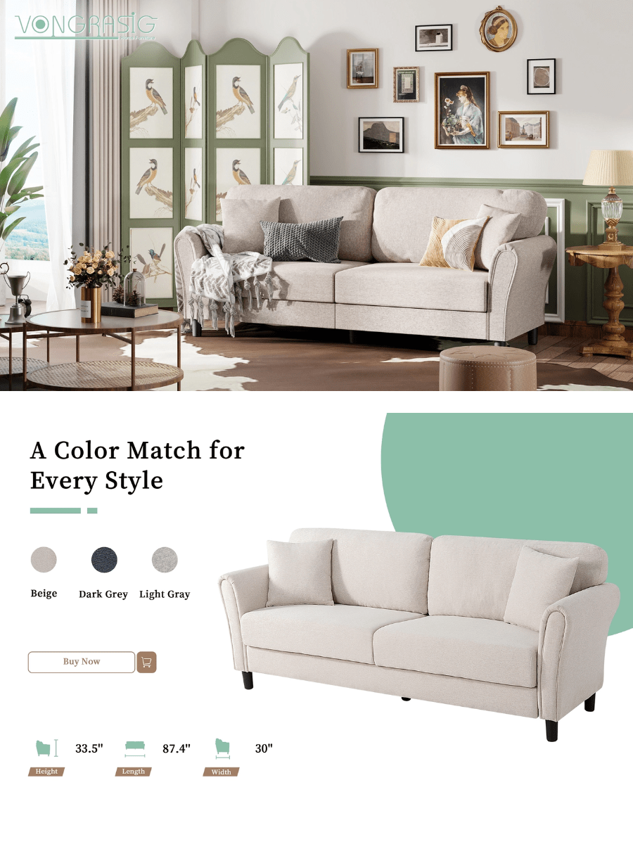 Vongrasig 87 inch Modern Sofa Couch for Livingroom, Mid-Century ...