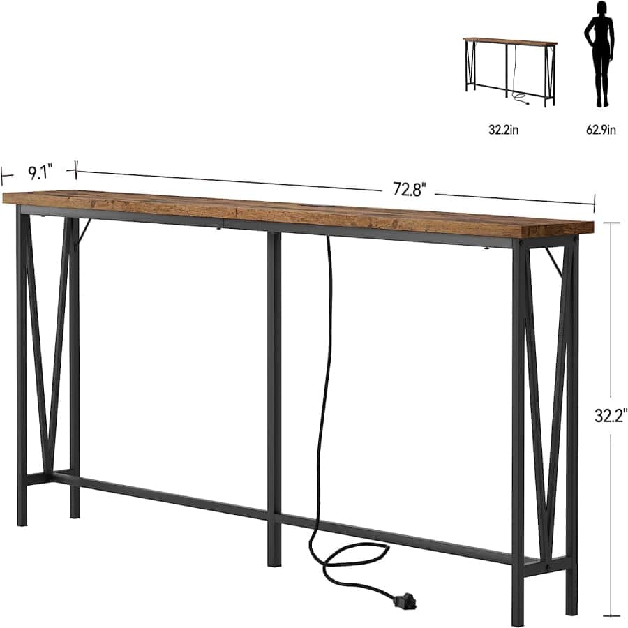 Sofa Tables Narrow Long, Rustic Console Table with Power Outlets, 72.8 ...