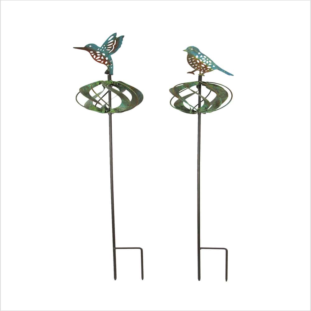 2 Metal Garden Stake Wind Spinners Kinetic Yard Hummingbird Robin ...