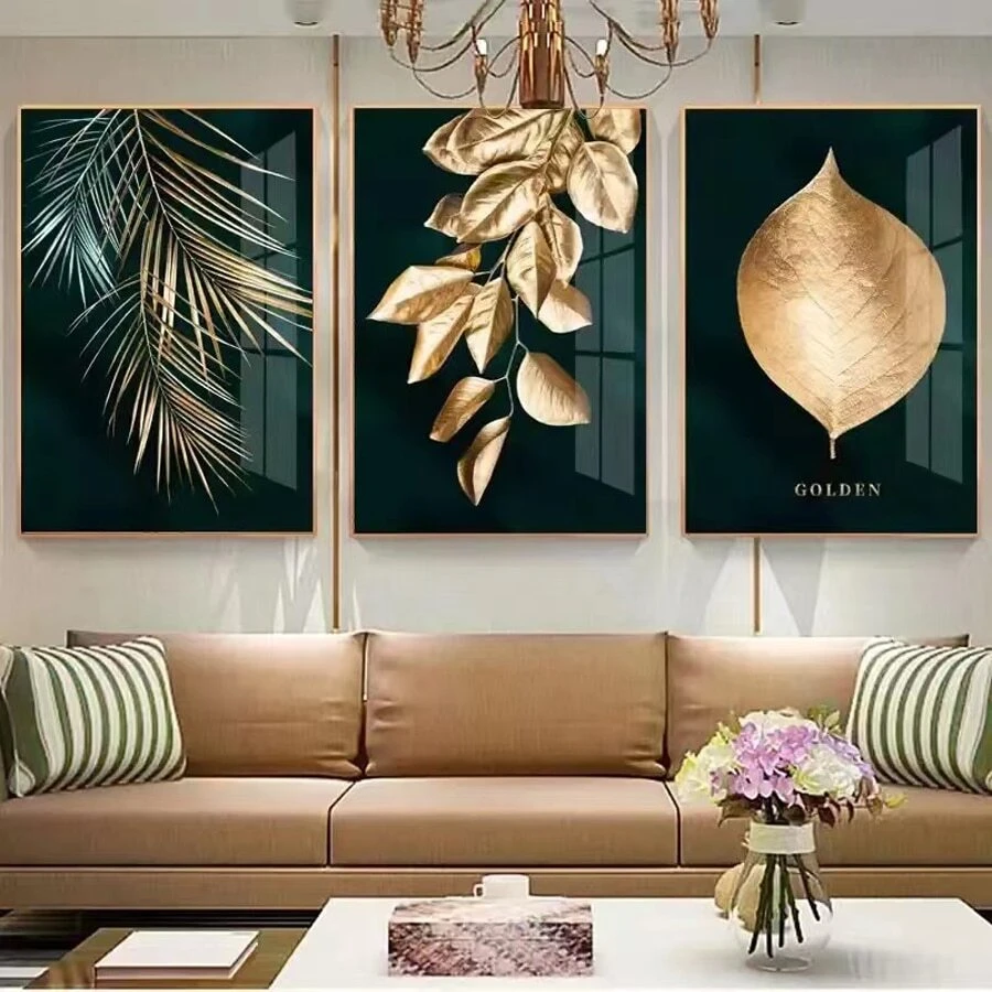 3pcs Unframed Home Decor Golden Leaf & Plant Wall Art Prints & Canvas ...