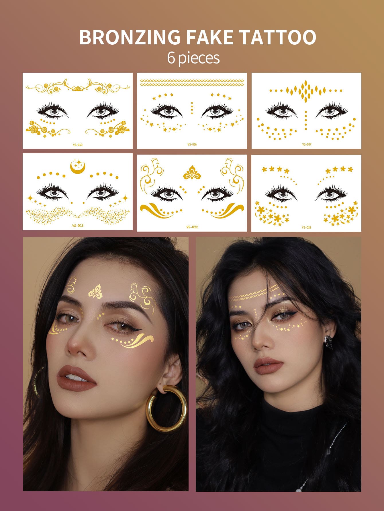 6 Sheets Bronzing Face Fake Tattoo Stickers Adorable Super Shiny Long ...