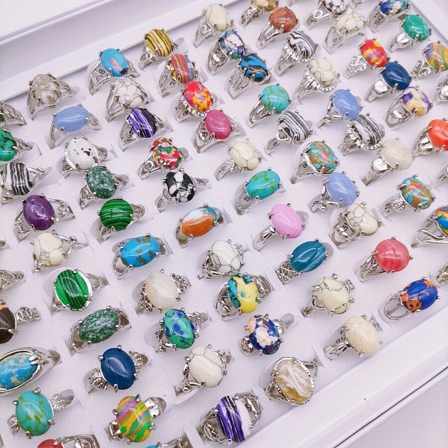 30pcs Inlaid Colorful Oval Cut Faux Gems Finger Ring Boho Style Vintage ...