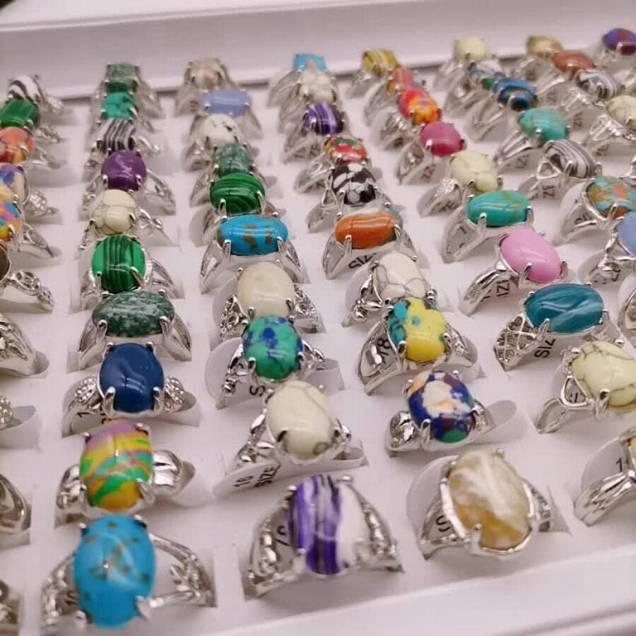 30pcs Inlaid Colorful Oval Cut Faux Gems Finger Ring Boho Style Vintage ...