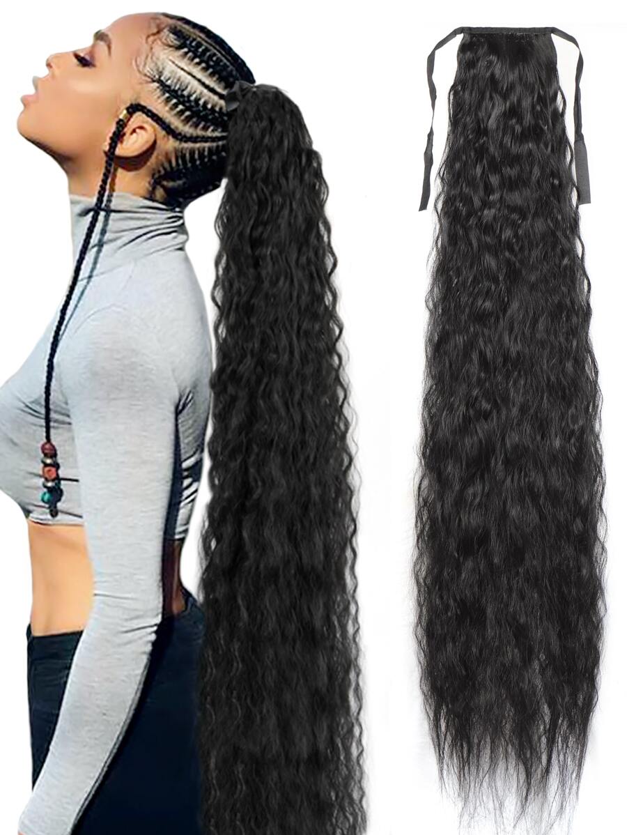 Long Curly Black Ponytail Extension Synthetic Drawstring Corn Curly ...
