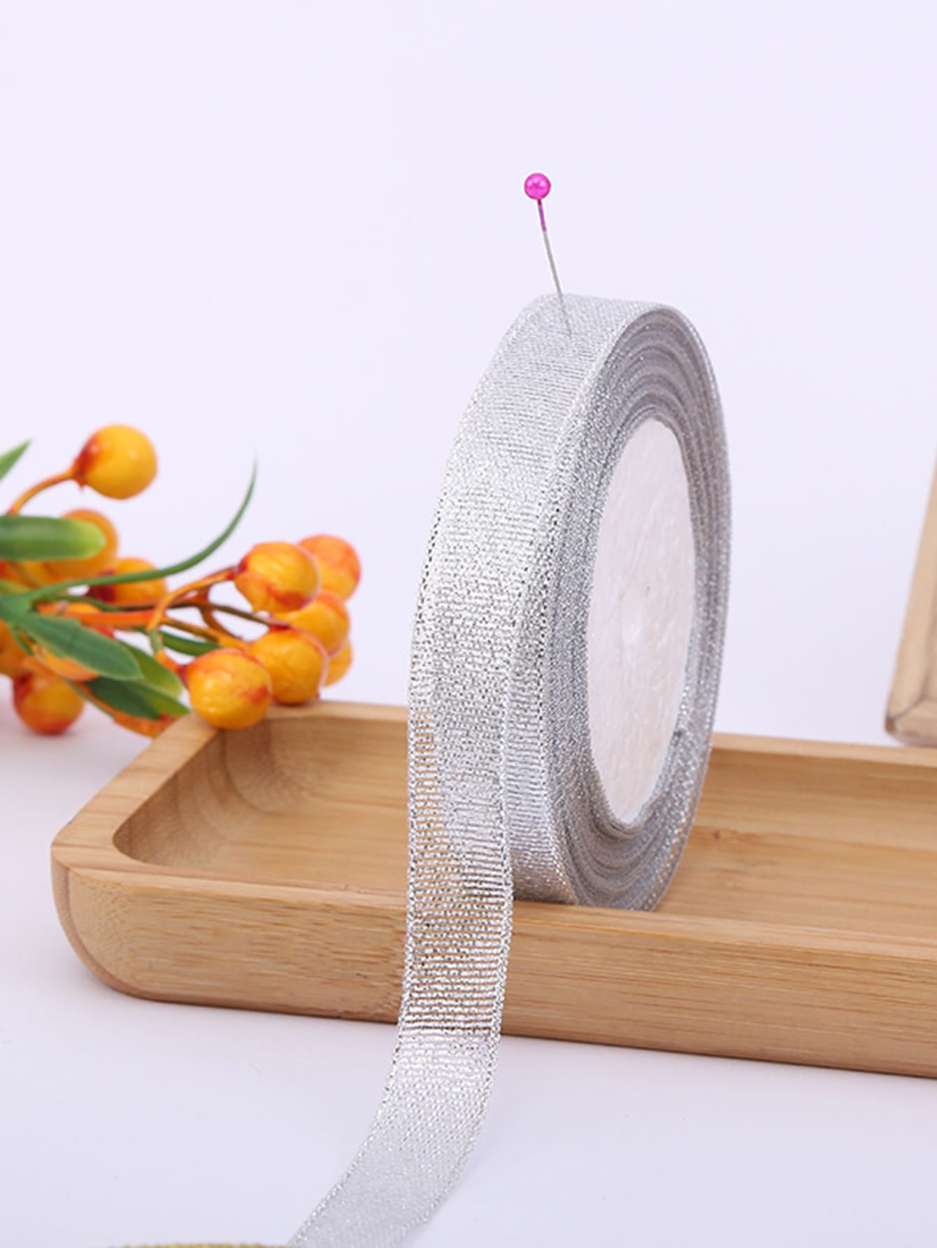 1 Roll (Approx. 20m) 2cm Wide Silver Tinsel Ribbon / Christmas Ribbon ...