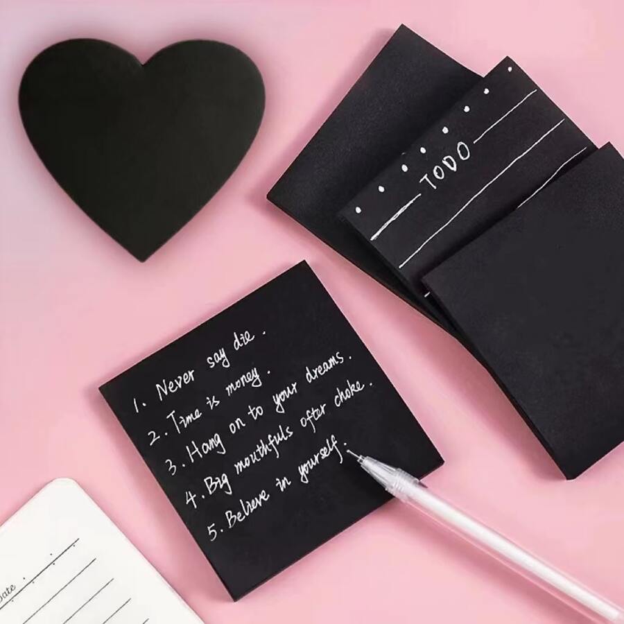 2pcs Creative Pure Black Minimalist Sticky Notes With Square And Heart ...