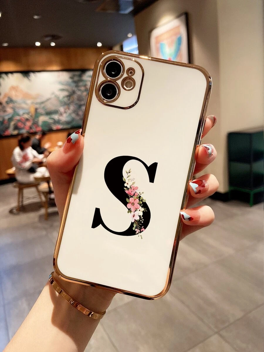 1pc Simple Alphabet Pattern Laser Carving Electroplated Edge Phone Case ...