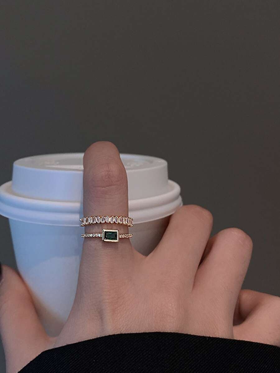 1pc Stylish & Versatile Double-layered Forest Green Cubic Zirconia Ring ...