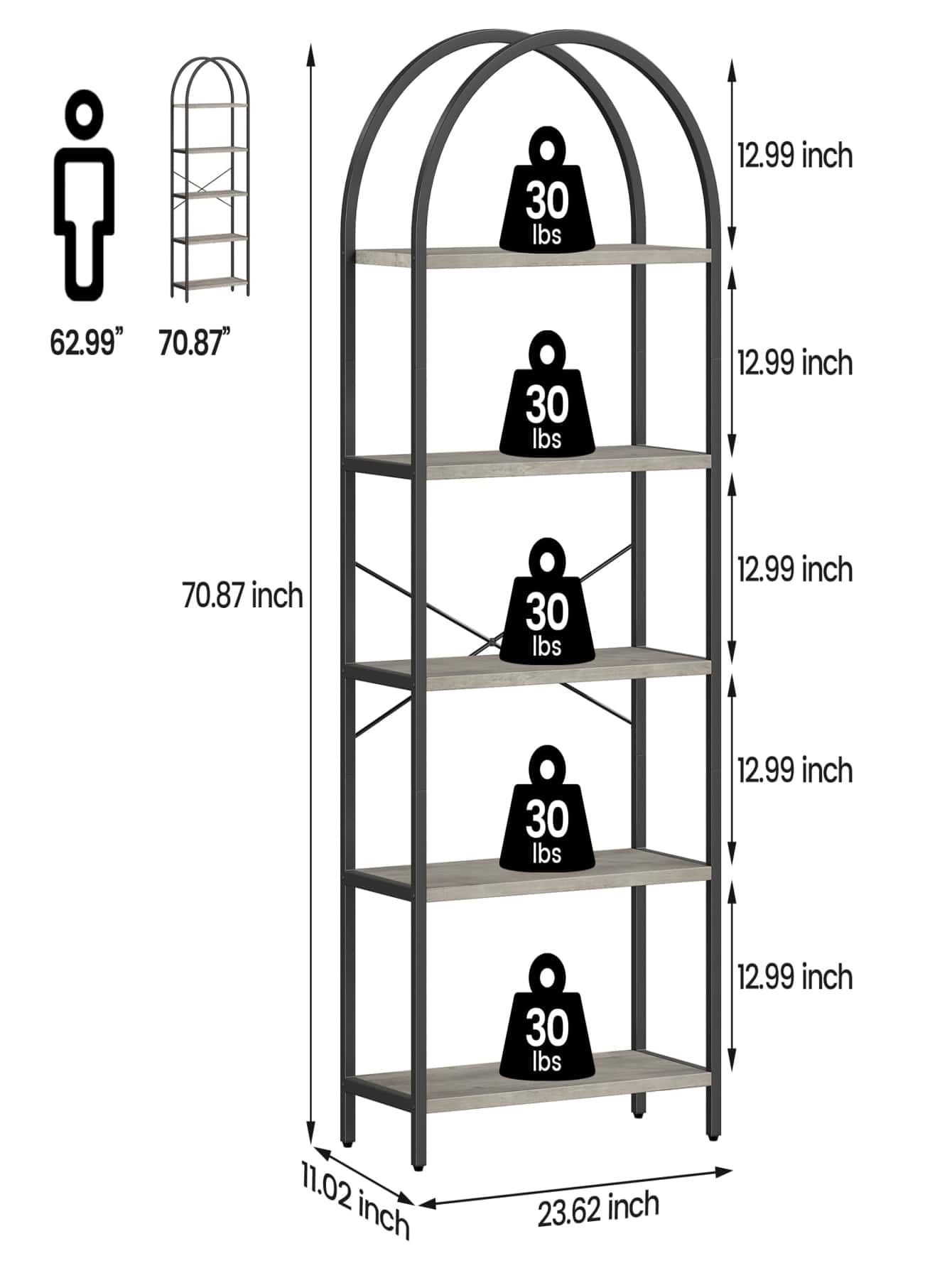 Bookshelf 5 Tier Bookcase Arched Display Racks Tall Standing ...